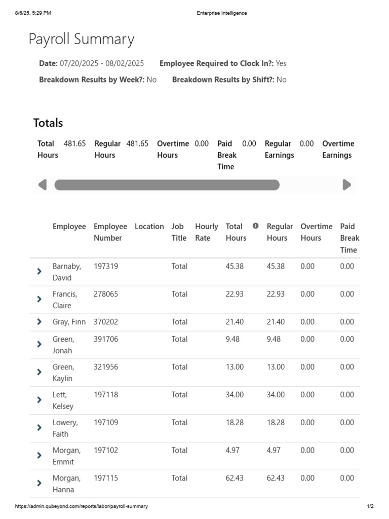 Payroll Summary Report: 07/20 - 08/02 | PDF | Business Ethics | Labour Law