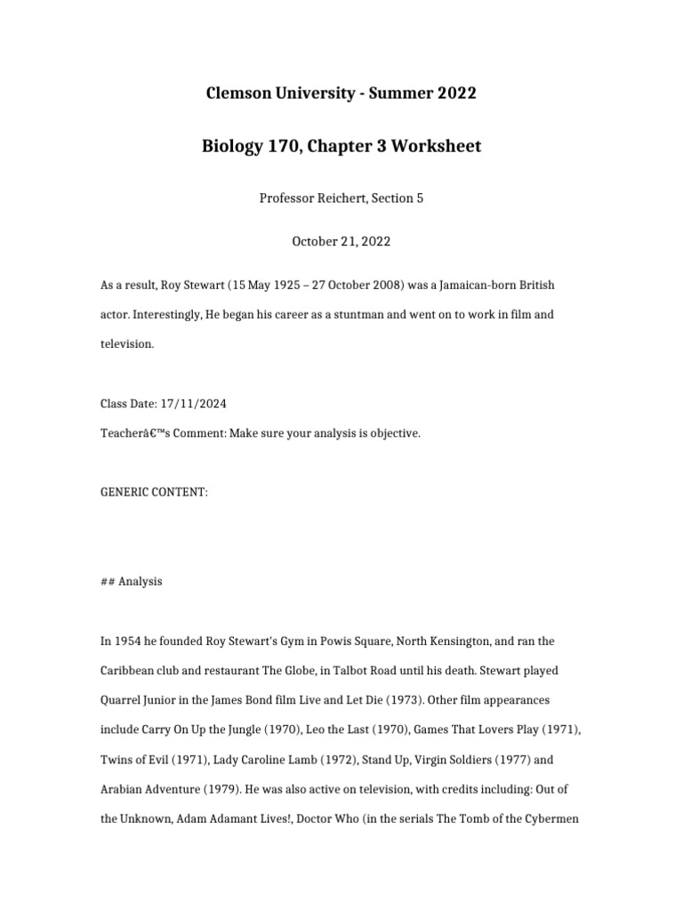Biology 170 Chapter 3 Worksheet | PDF