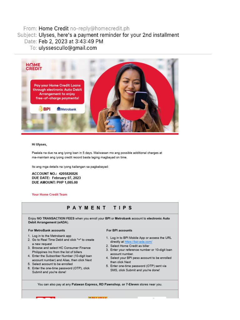 Ulyses, Here's A Payment Reminder For Your 2nd Installment | PDF | Debit Card | Financial Services