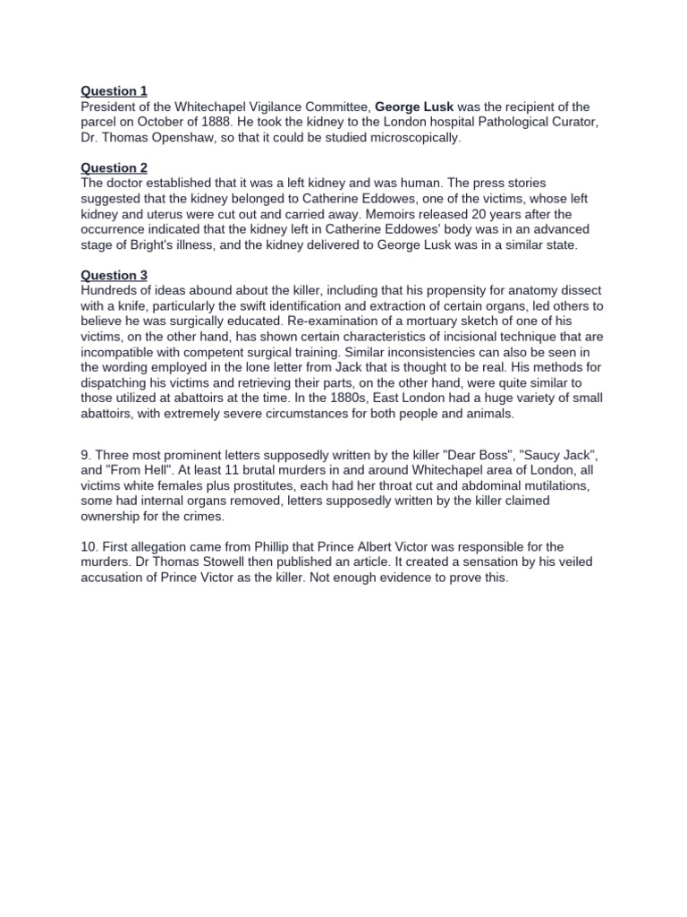Jack the Ripper: Kidney Evidence and Theories | PDF