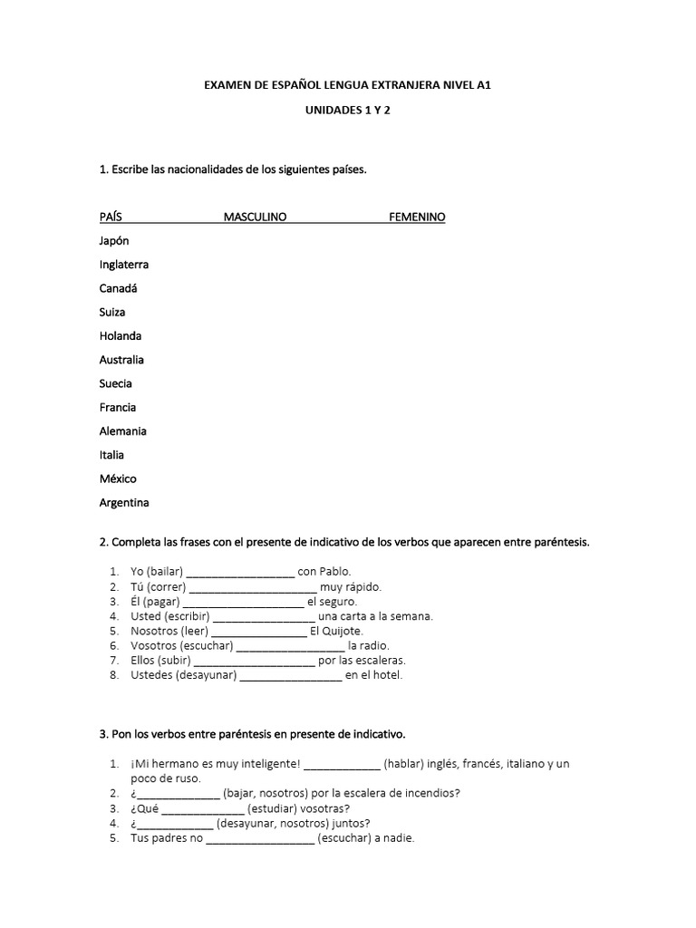 Examen A1 Español: Nacionalidades y Verbos | PDF