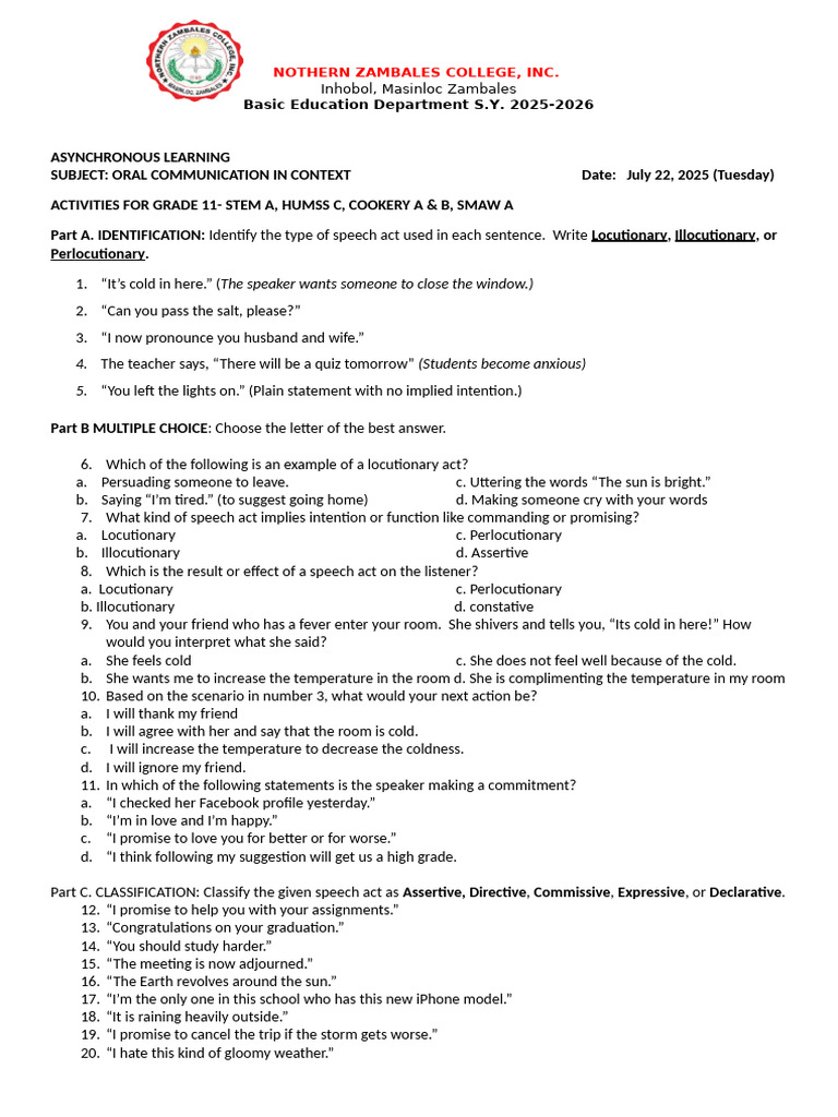 Asynchronous Learning Activities Oral Com. Copy 1 | PDF | Human Communication