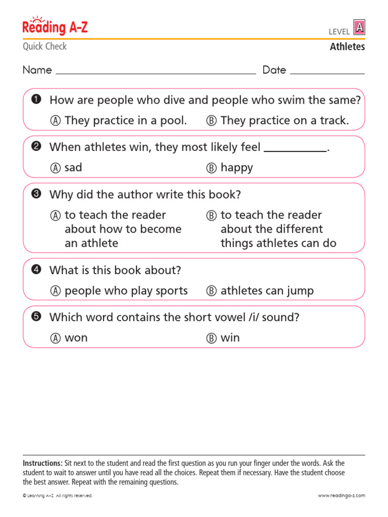 Quick Check: Athletes Comprehension Test | PDF | Reading Comprehension ...