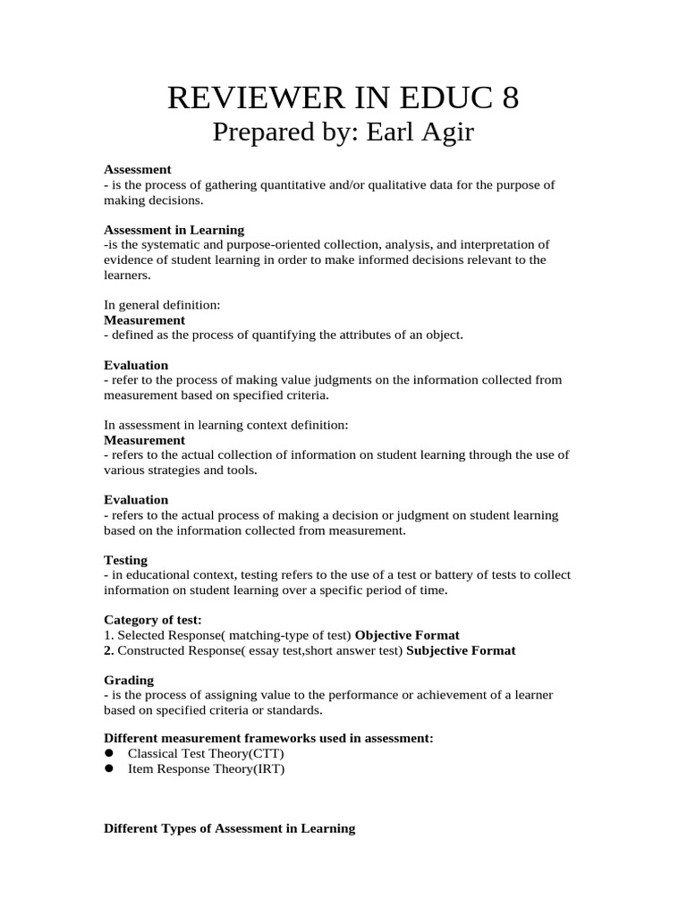 Reviewer in Educ 8 by Earl | PDF | Educational Assessment | Knowledge