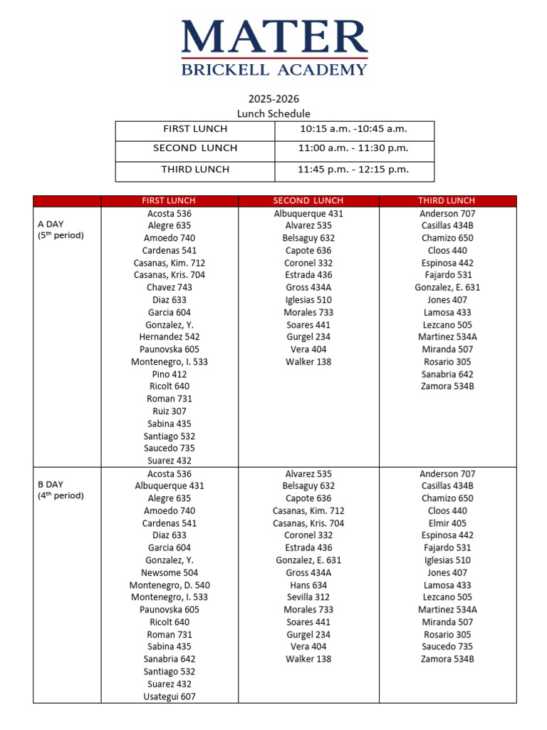 2025-2026 Lunch Schedule | PDF