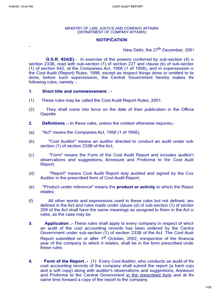 Cost Audit Report Rules, 2001 | PDF | Auditor's Report | Depreciation