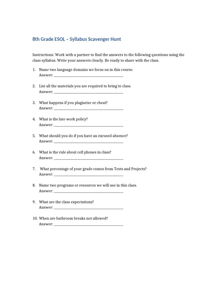 ESOL Syllabus Scavenger Hunt | PDF