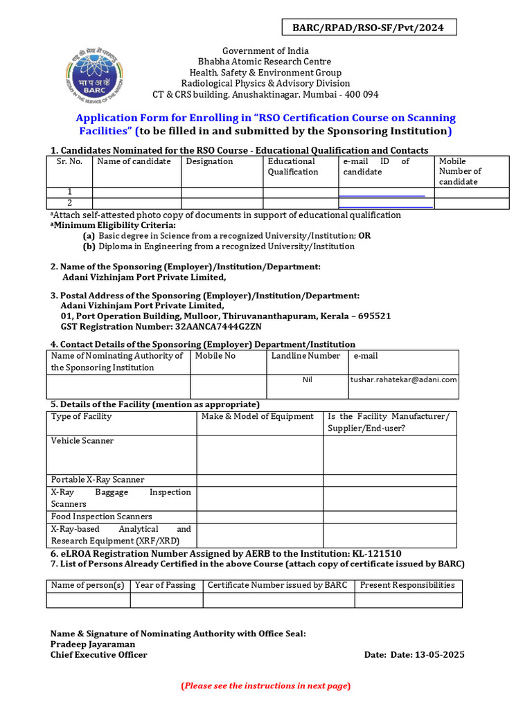BARC RSO Scanning Facilities Nomination Form Pvt 2024 (1) (1) | PDF