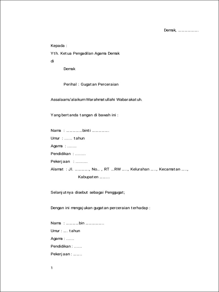 CONTOH GUGATAN CERAI GUGAT ALASAN PERTENGKARAN | PDF