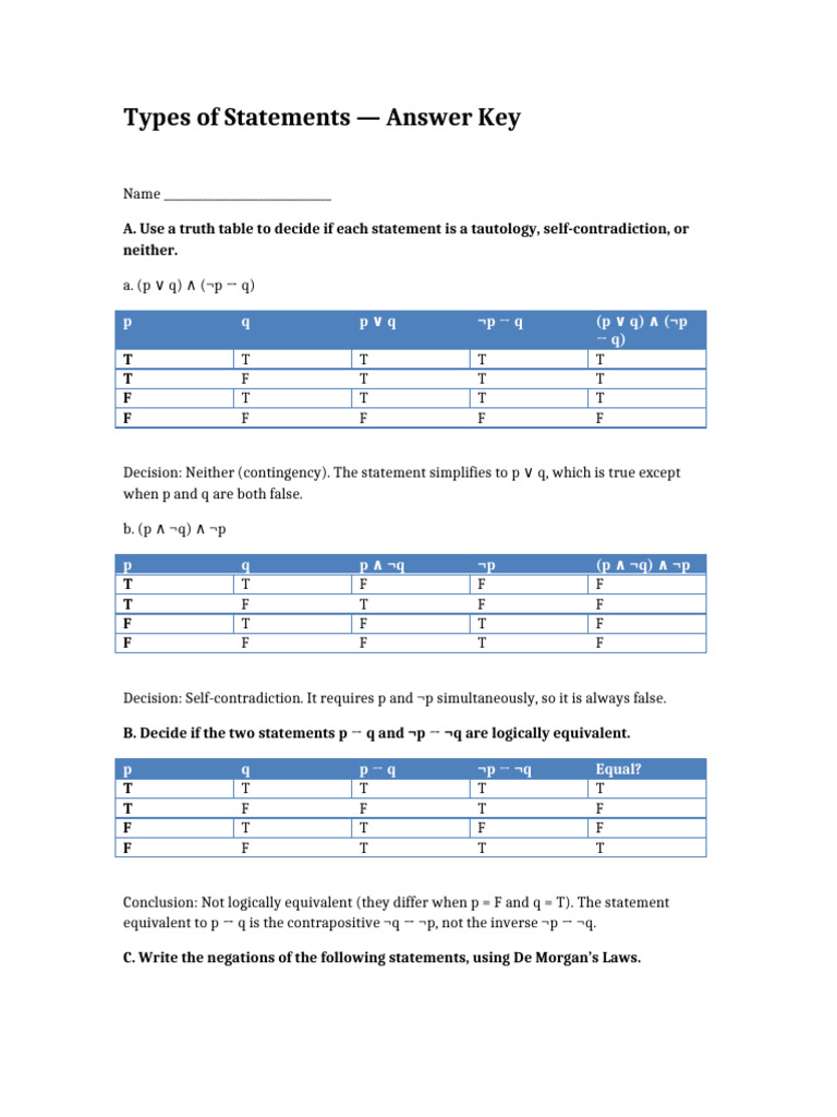 Types of Statements Answers | PDF | Semantics | Mathematics