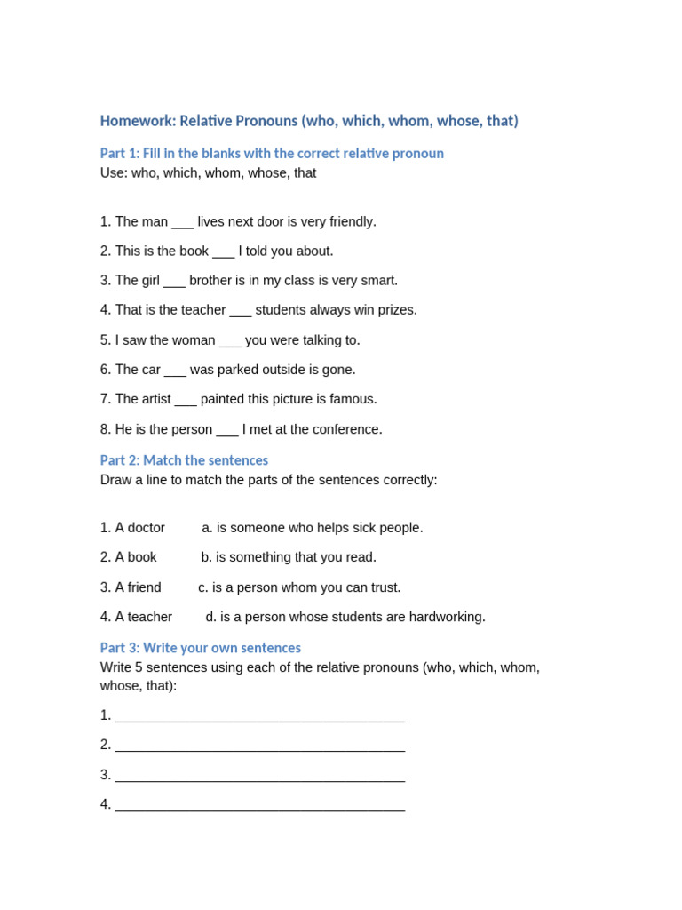 Relative Pronouns Homework BlackText | PDF