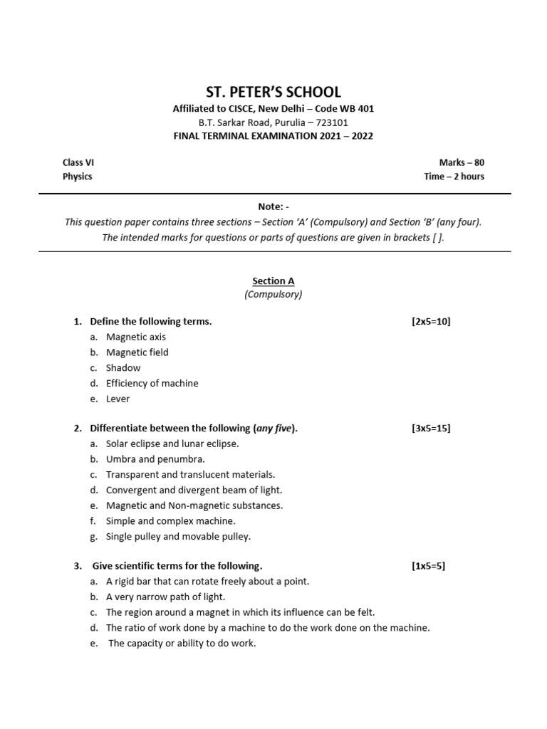 Class VI Physics Exam Paper 2021-22 | PDF | Lever | Machines