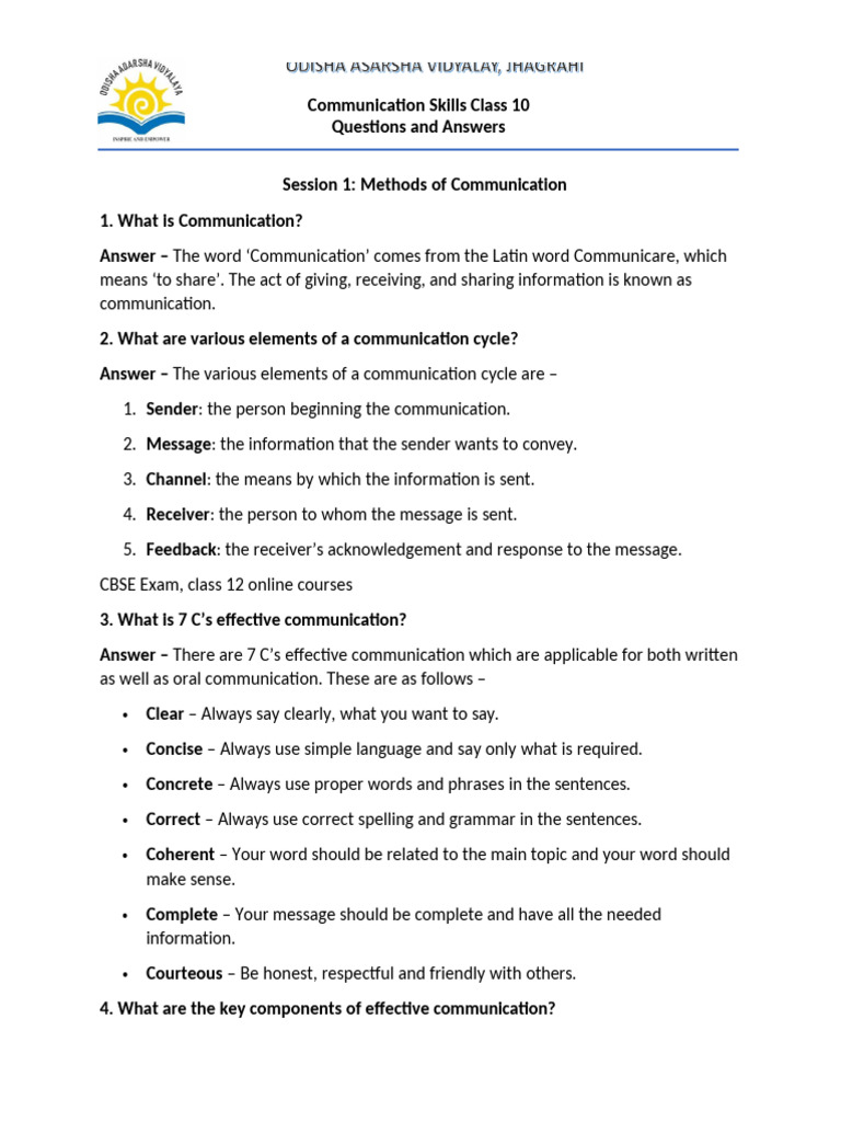 Communication Skills Class 10 Q & A | PDF | Nonverbal Communication ...