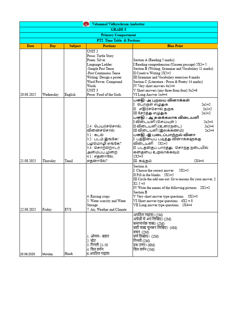 Grade 5_pt2 Portions Time Table 2025-26 | PDF