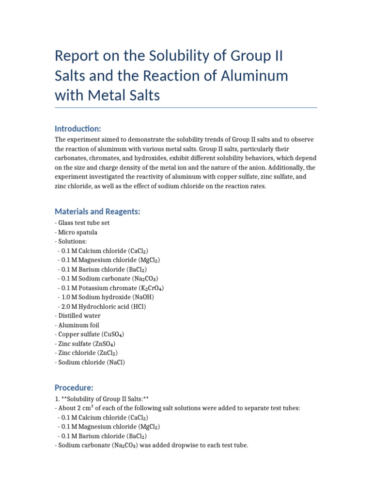 Solubility and Reactivity Experiment Report | PDF | Salt (Chemistry ...