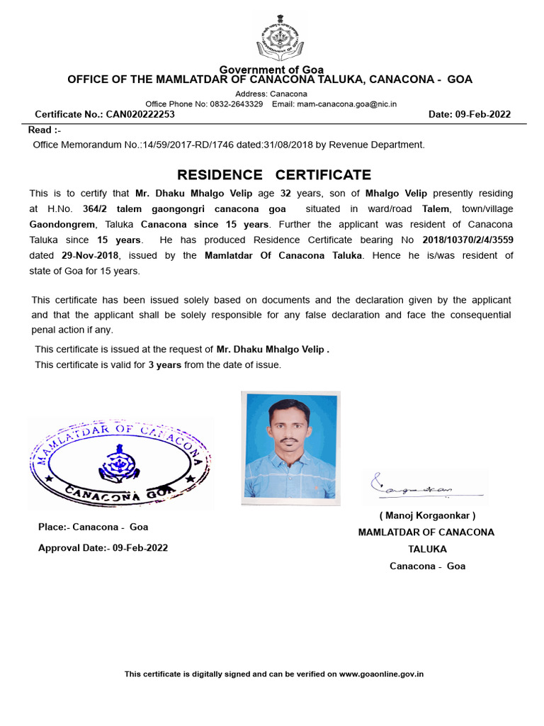 Goa Residence Certificate for Dhaku Velip | PDF