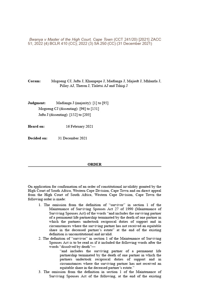 Bwanya v Master of the High Court Ruling | PDF | Marriage | Homosexuality