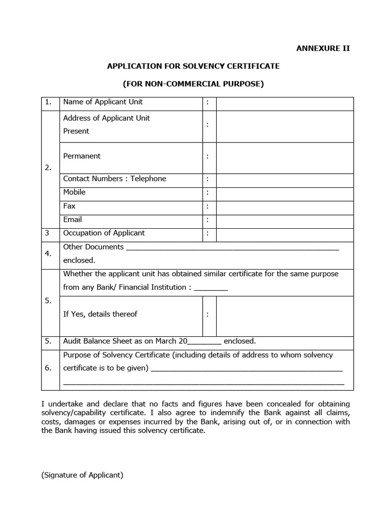 Solvency Certificate Annexure 2 - Fillable | PDF