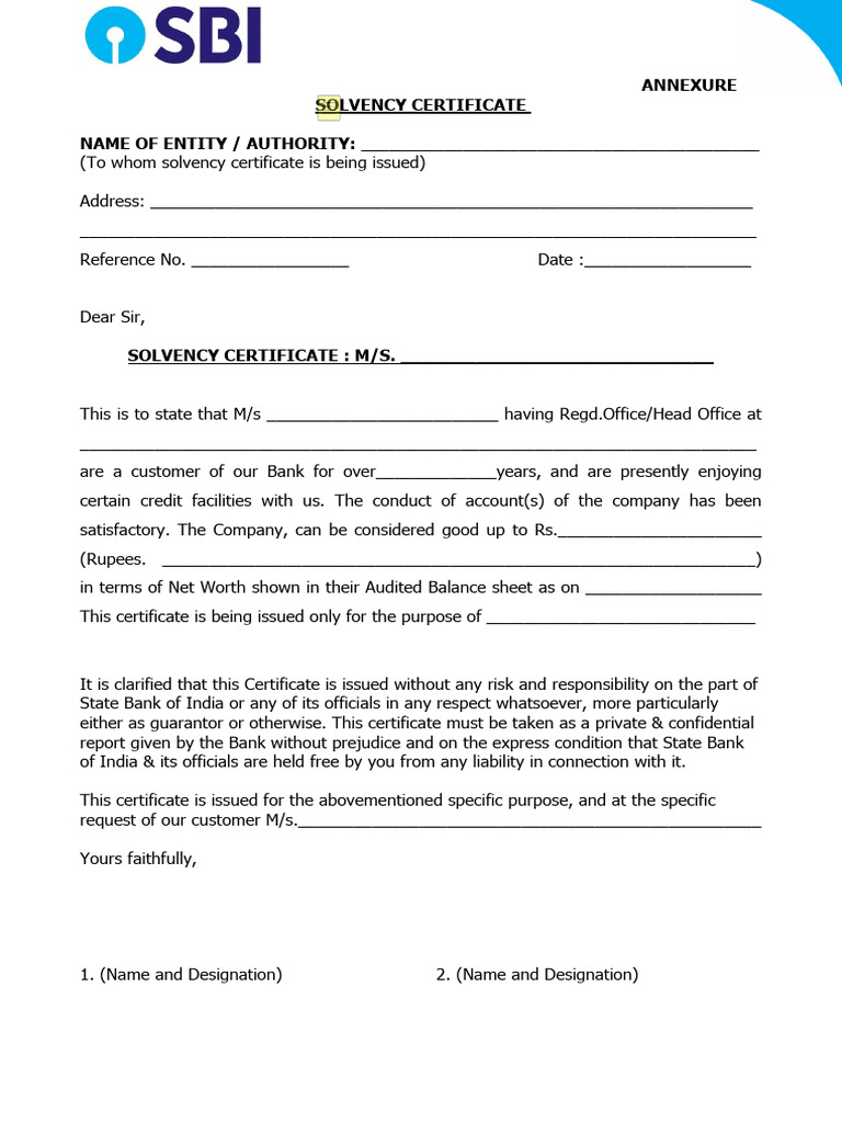 Solvency Certificate Annexure 4 Fillable | PDF