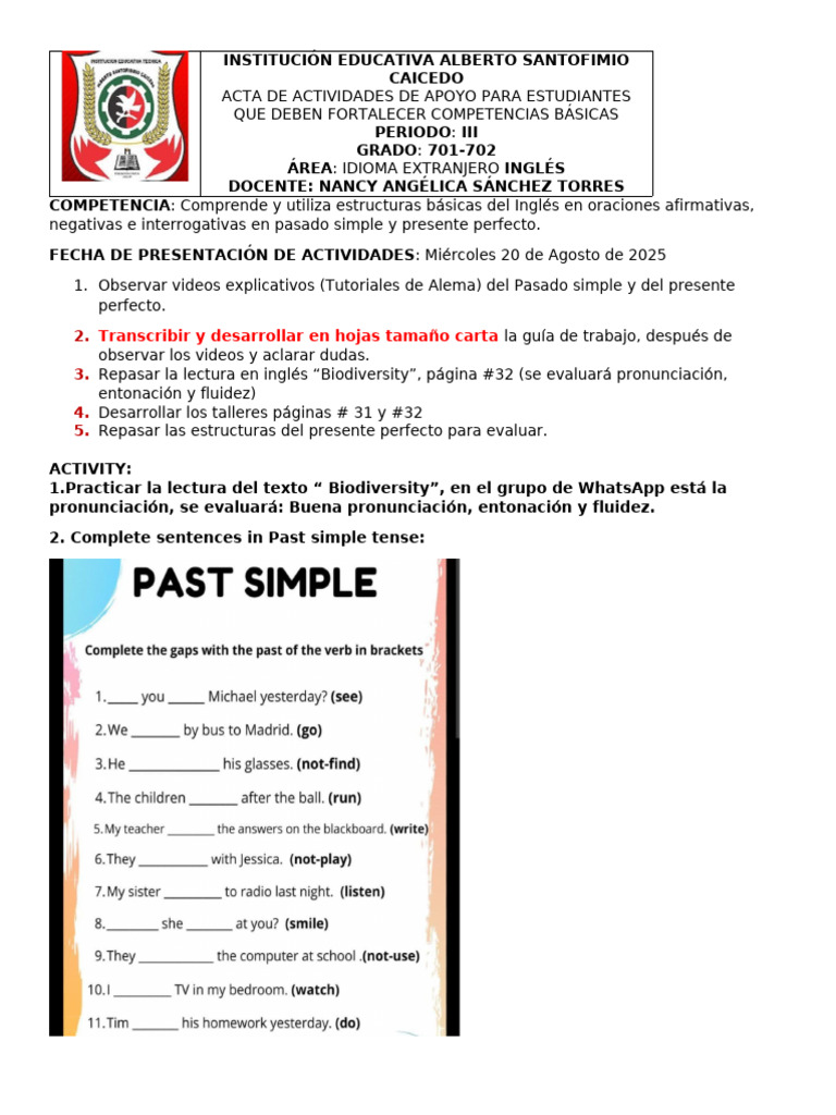 Guía de Recuperación Inglés Iii Periodo Séptimo 2025 | PDF