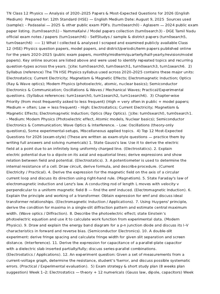 TN 12th Physics 2020-2025 Analysis 2026 Predictions | PDF | Electromagnetic Field | Magnetic Field