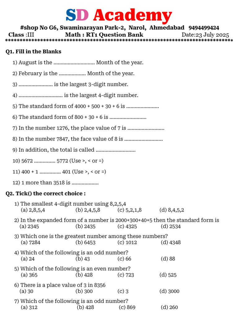 Class III Math RT1 Question Bank | PDF