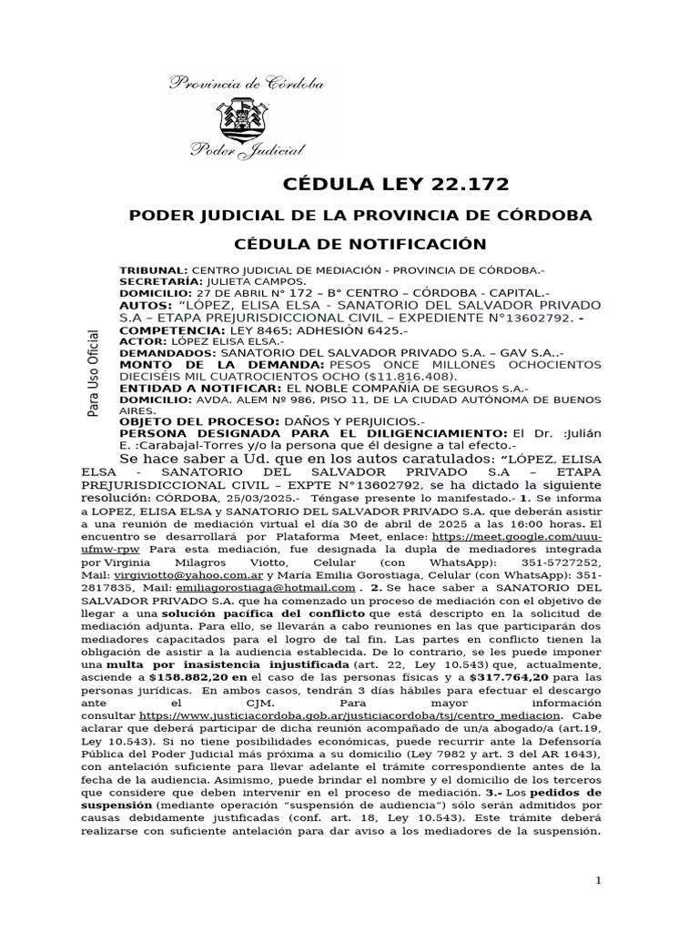 Cédula Ley López Elisa | PDF | Mediación | Justicia