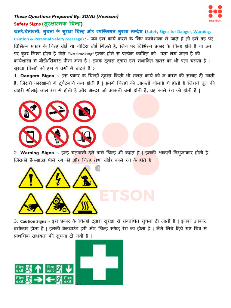 Safety Signs MCQ Hindi | PDF