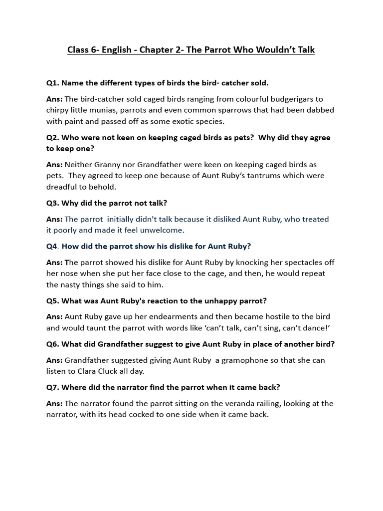 Class 6 - English - Chapter 2 - The Parrot Who Wouldn't Talk - Back ...