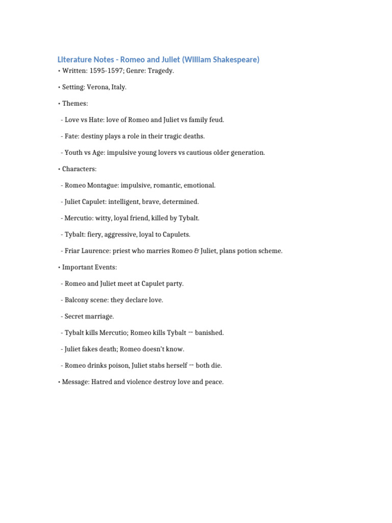Romeo and Juliet Literature Notes | PDF
