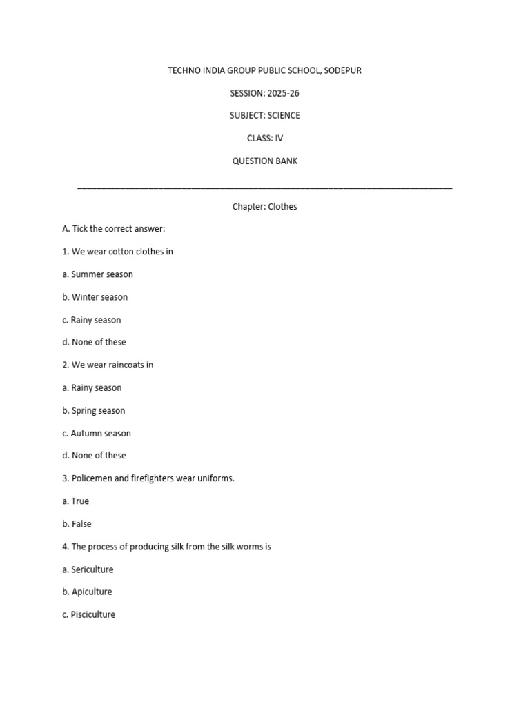 Question Bank Class 4 Science Ch-5 | PDF | Silk | Wool