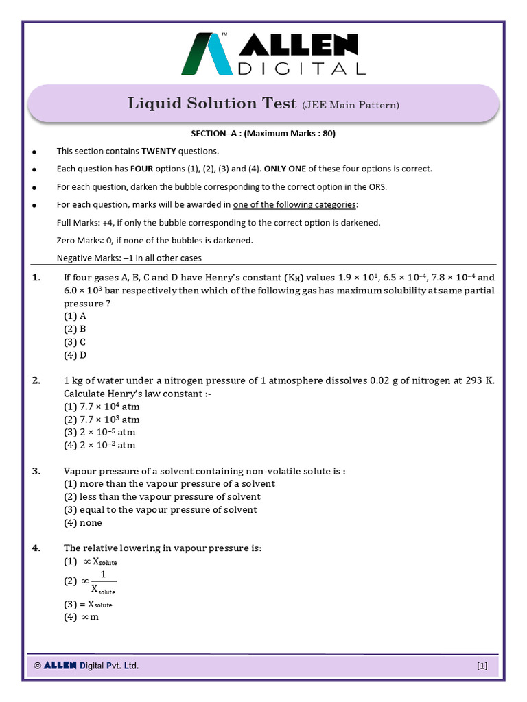 Liquid Solutions JEE Main Practice Test | PDF | Water | Mole (Unit)