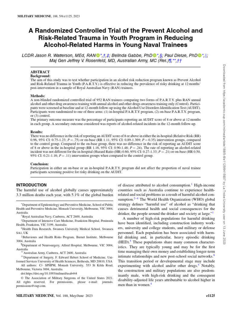 Reducing Alcohol Harms in Naval Trainees | PDF