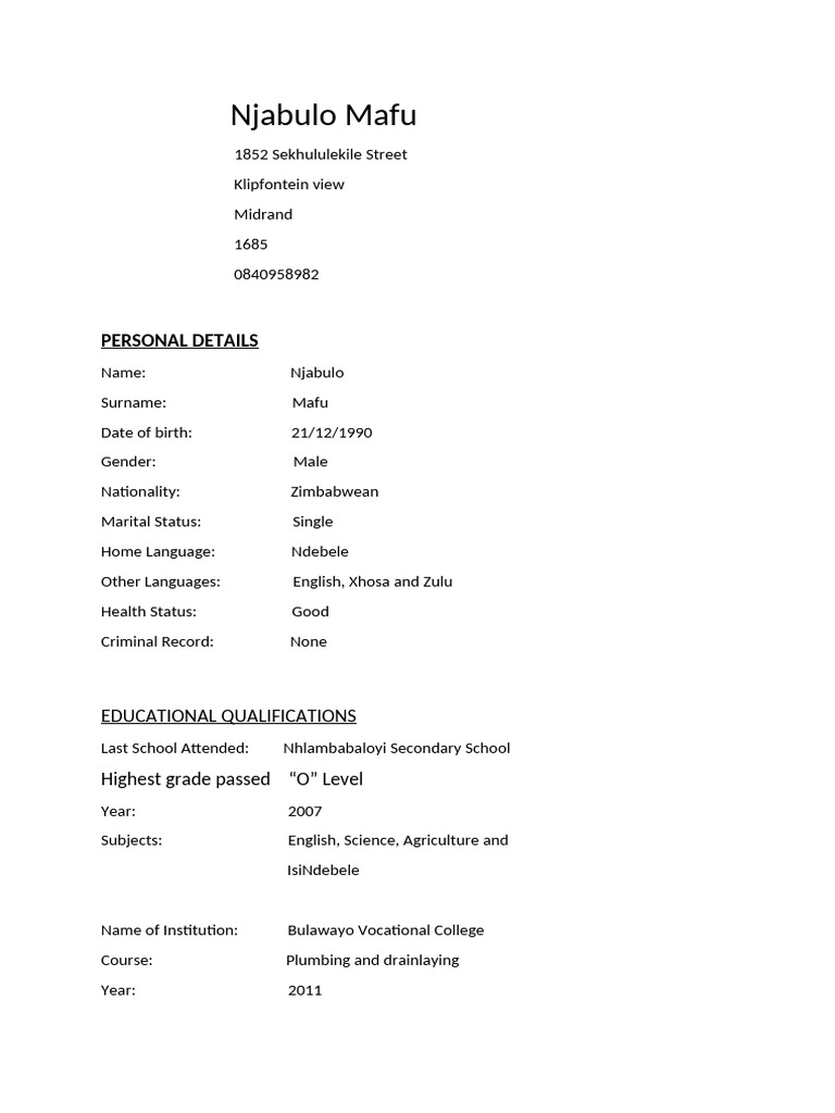 Njabulo Mafu CV | PDF