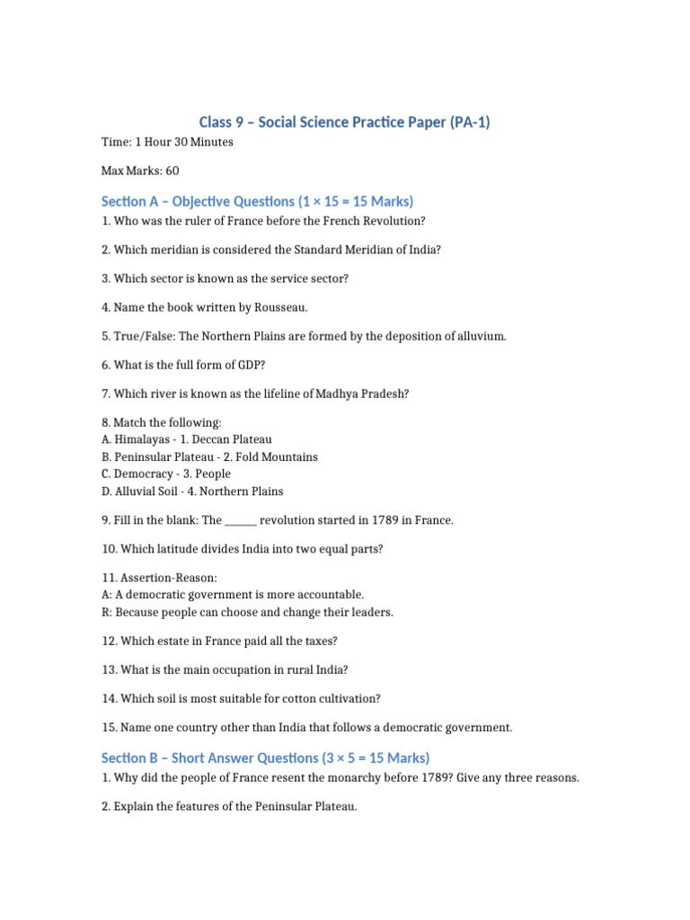 Class 9 SST Practice Paper PA-1 | PDF