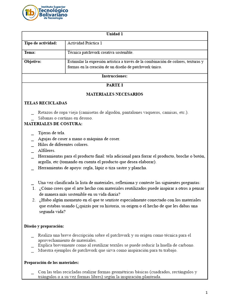 Actividad Practica 1 UNIDAD 1 | PDF | Labor de retazos | Textiles
