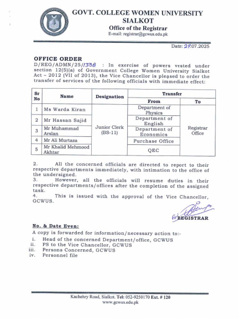 Office Order - Transfer of Services of The Following Officials With ...