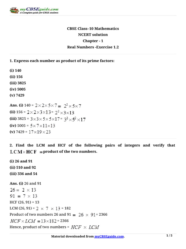 10 Mathematics Ncert Ch01 Real Numbers Ex 1.2 | PDF | Factorization | Numbers