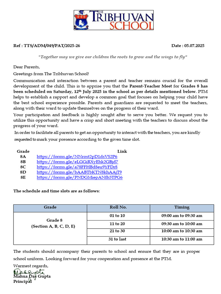 Grade 8 Parent-Teacher Meet Notice | PDF
