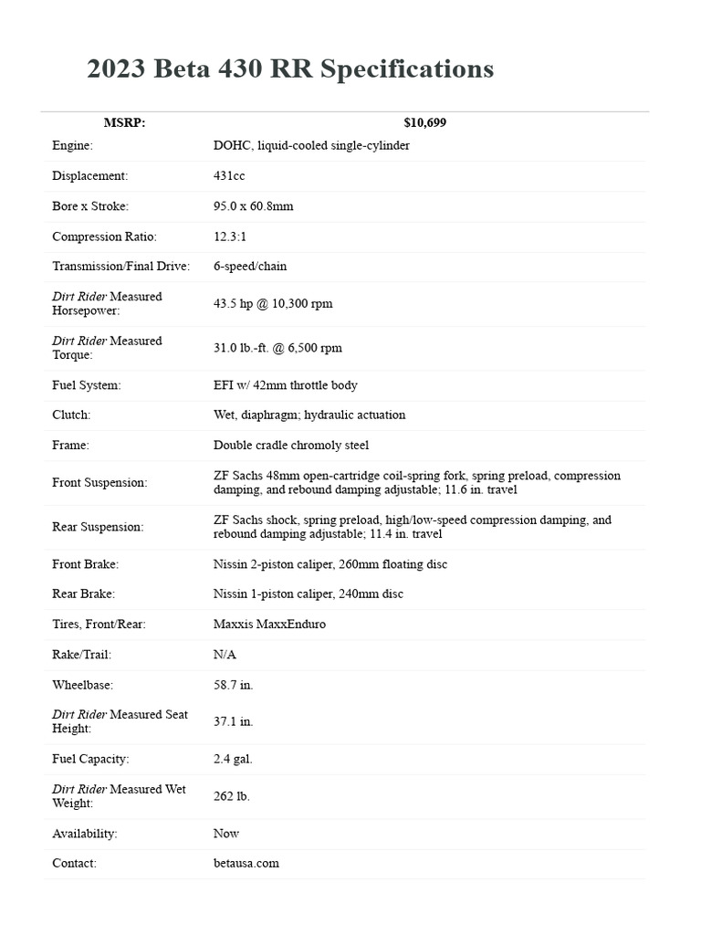 2023 Beta 430 RR Specs | PDF