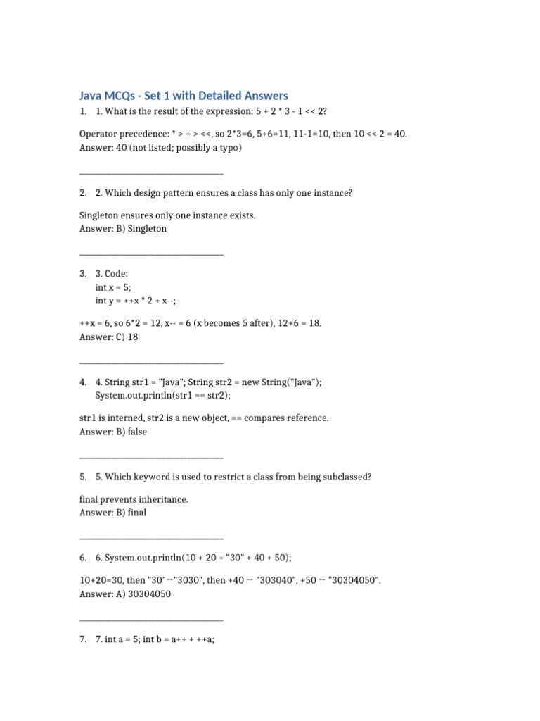 Java MCQs Set 1 Detailed Answers | PDF