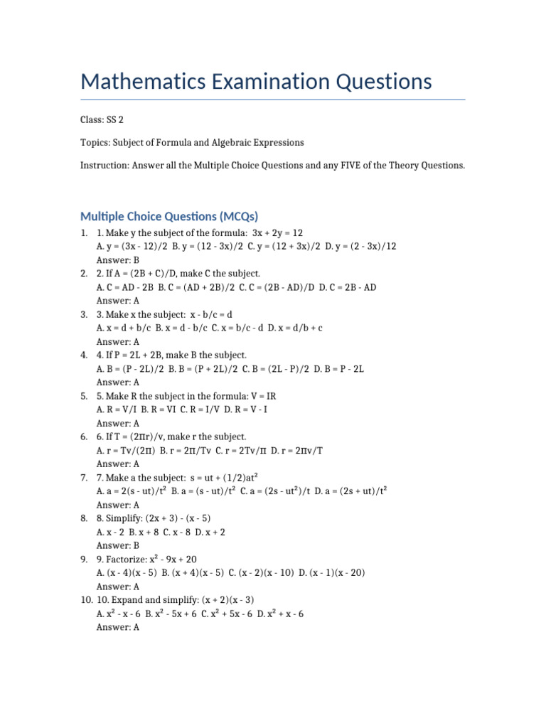 SS2 - Maths - Questions - Subject - Expressions | PDF