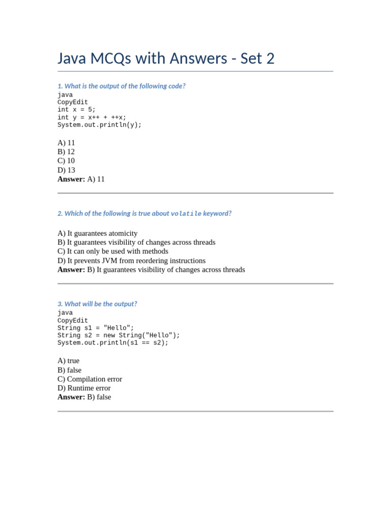 Java MCQs With Answers Set 2 | PDF | Method (Computer Programming) | Computer Programming
