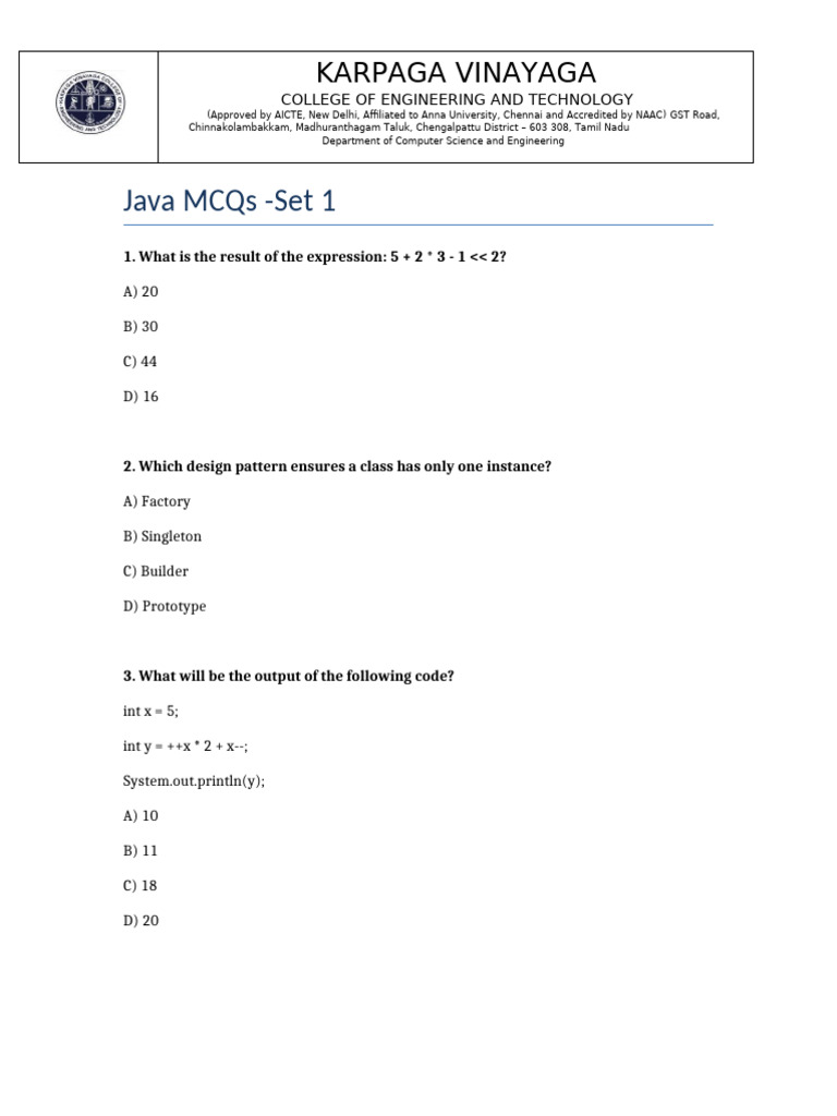 Java MCQs Without Answers Set 1 | PDF | Higher Education