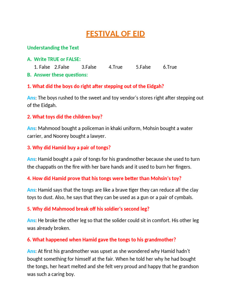 Eid Festival Questions and Answers | PDF