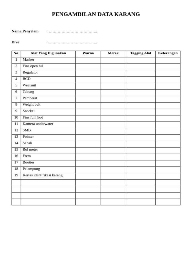 Form Pemakaian Alat Pengambilan Data Karang | PDF