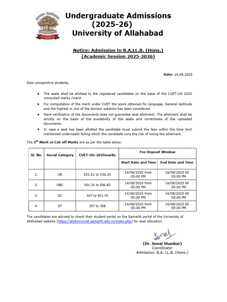 5th Cut-Off B.a.ll.B. (Hons.) Admission | PDF | Educational Stages | Qualifications