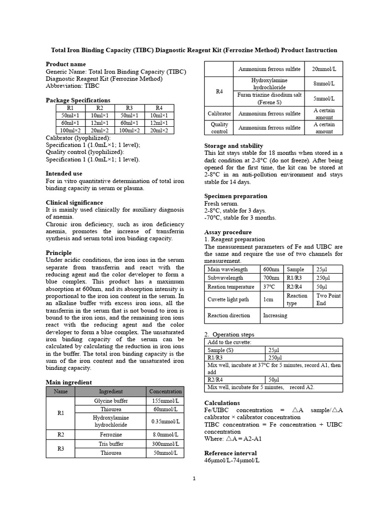 TIBC Diagnostic Kit Overview | PDF | Iron | Assay