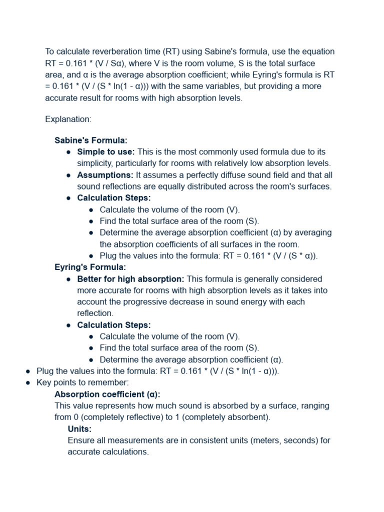 To Calculate Reverberation Time (RT) Using Sabine's Formula, Use the ...