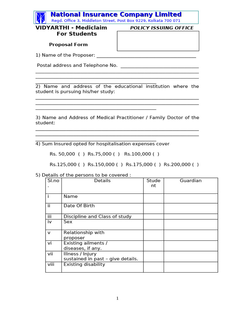 Vidyarthi Mediclaim Form | PDF